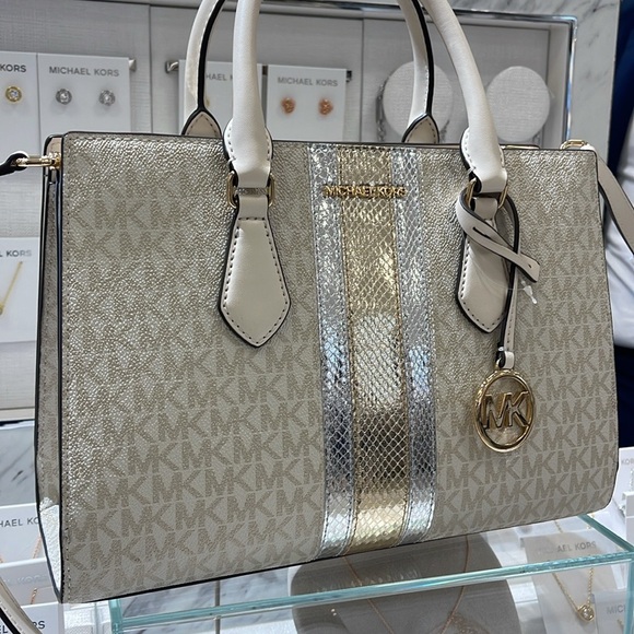 Michael Kors | Bags | Michael Kors Sheila Medium Signature Logo And Metallic Satchel Crossbody ...